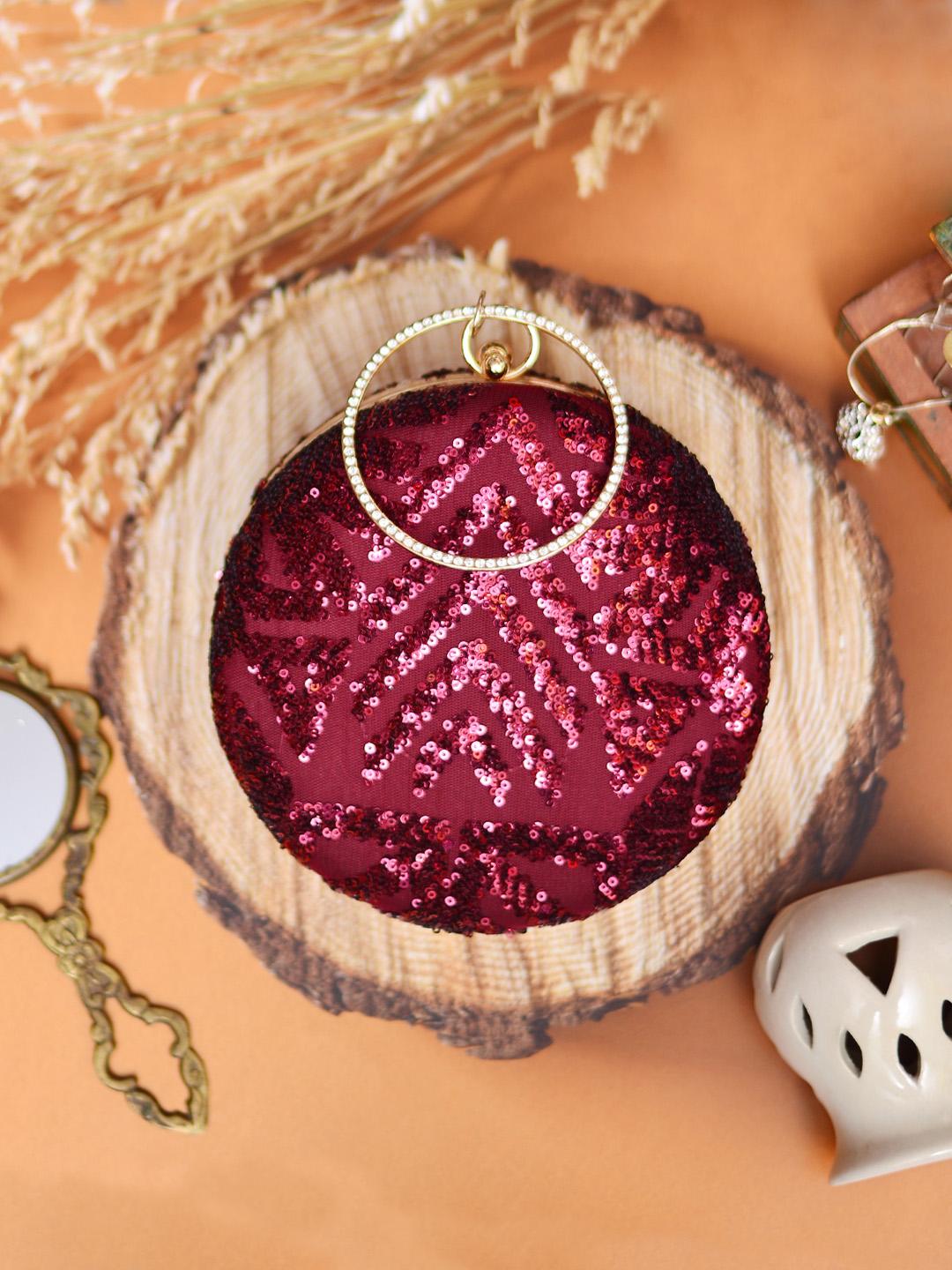 Buy ARTKLIM Purple & Gold Toned Embroidered Embellished Round Clutch ...
