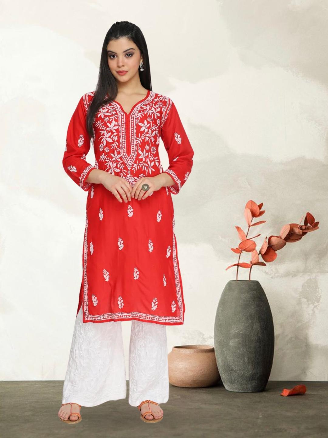 Buy PARAMOUNT CHIKAN Women Red Ethnic Motifs Embroidered Chikankari ...