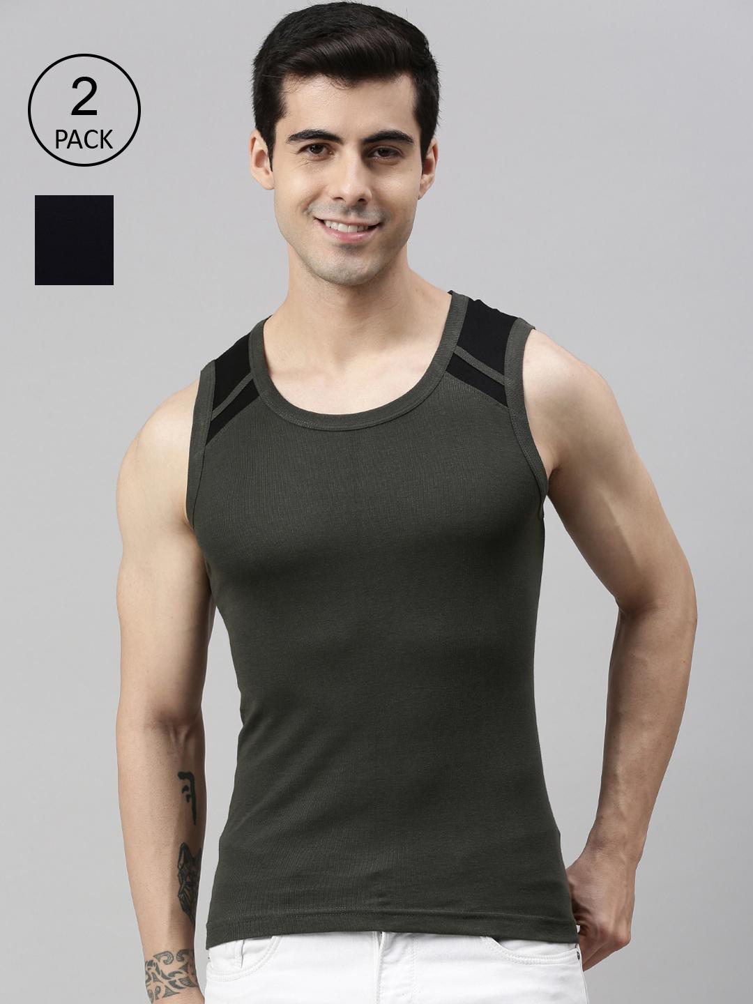 Buy Lux Cozi Men Pack Of 2 Navy Blue & Olive Solid Pure Cotton Gym ...