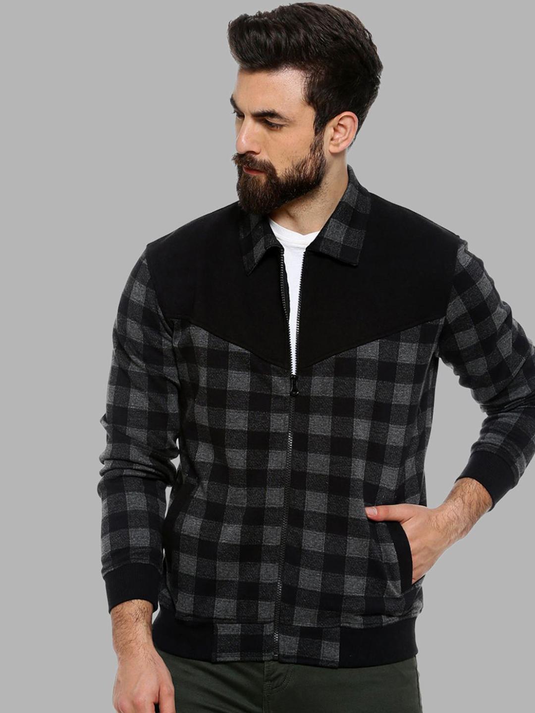 Buy Campus Sutra Men Grey Checked Windcheater Outdoor Open Front Jacket ...
