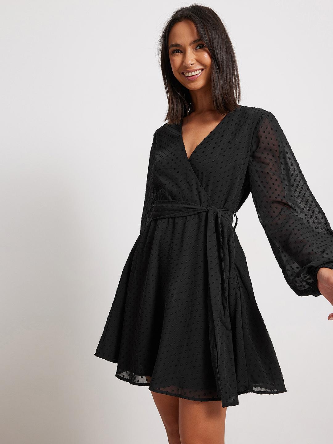 Buy NA KD Black Dobby Weave Wrap Mini Dress - Dresses for Women ...