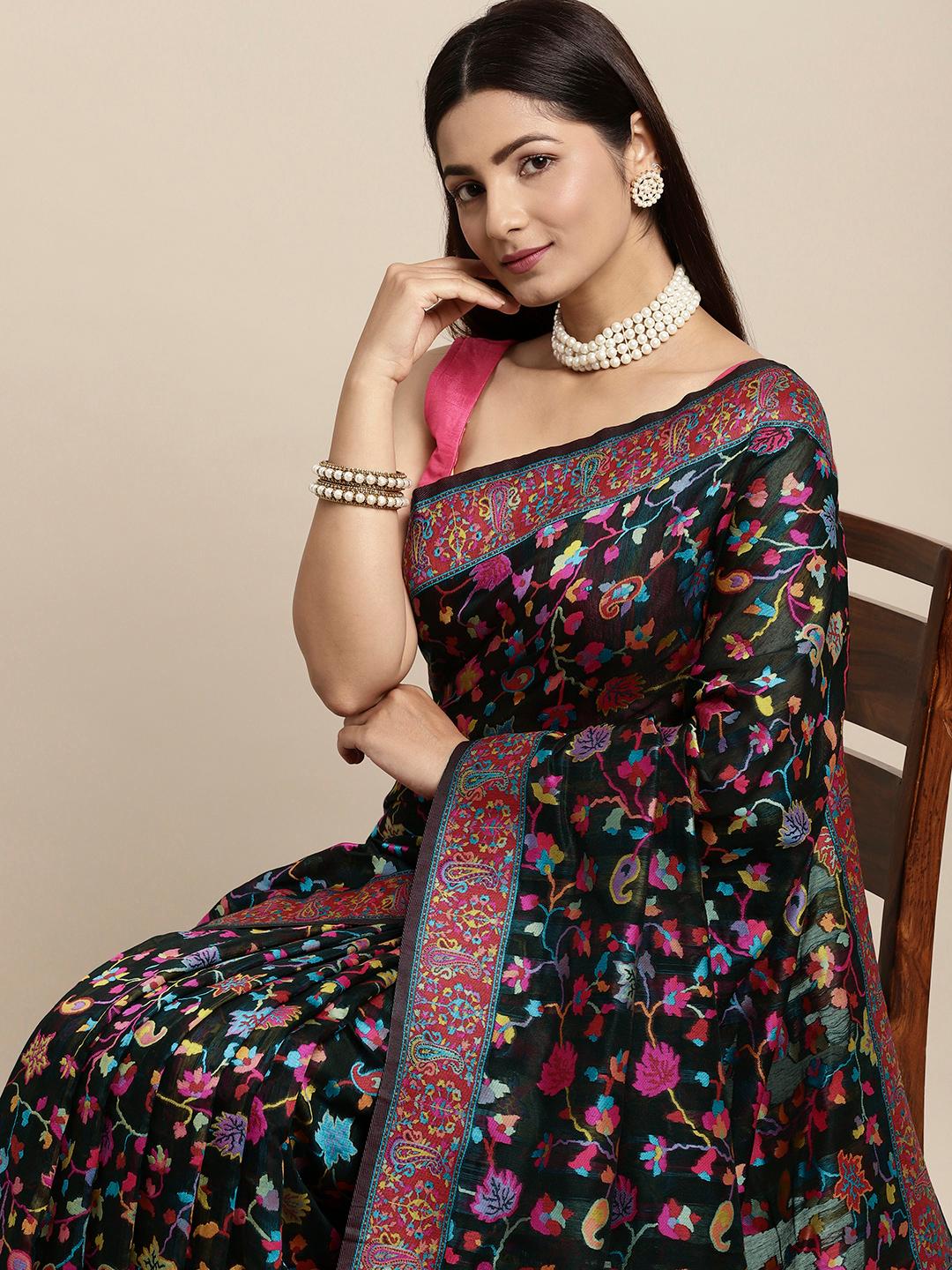 Buy AYKA CLOTHINGS Black Floral Pure Cotton Patola Saree - Sarees for ...