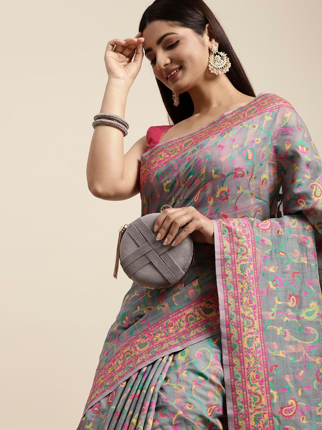 Buy AYKA CLOTHINGS Grey Floral Pure Cotton Patola Saree - Sarees for ...