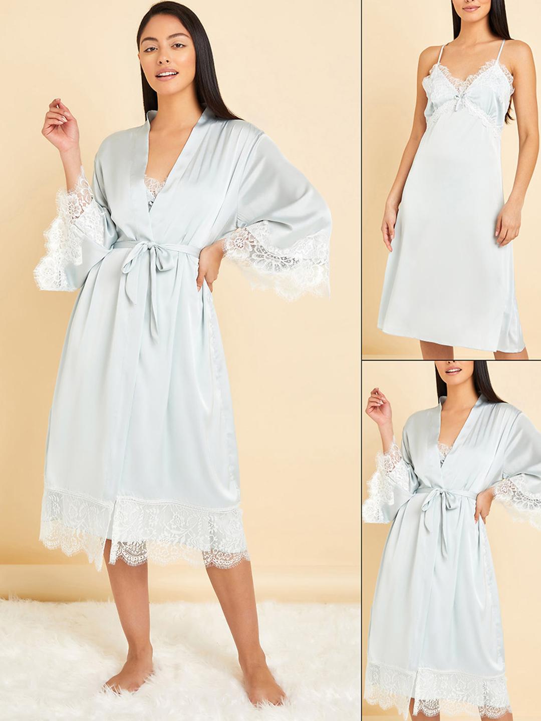 Buy Styli Grey Pack Of 2 Lace Trim Insert Satin Nightie With Robe ...