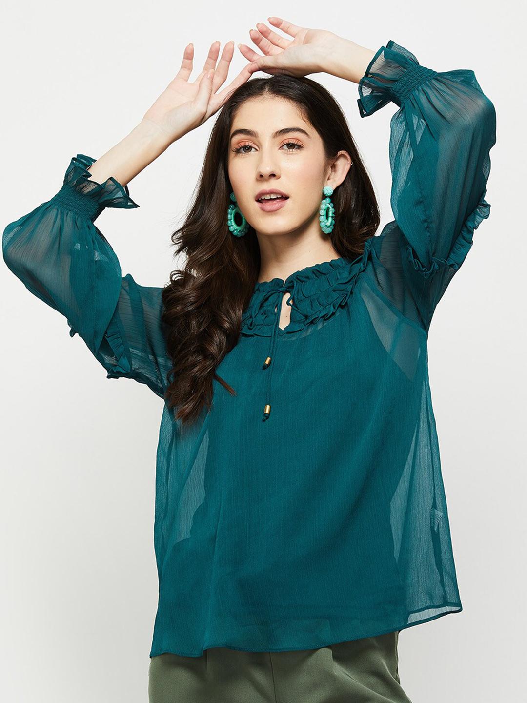 Buy Max Teal Green Tie Up Neck Ruffles Top - Tops for Women 20393084 ...