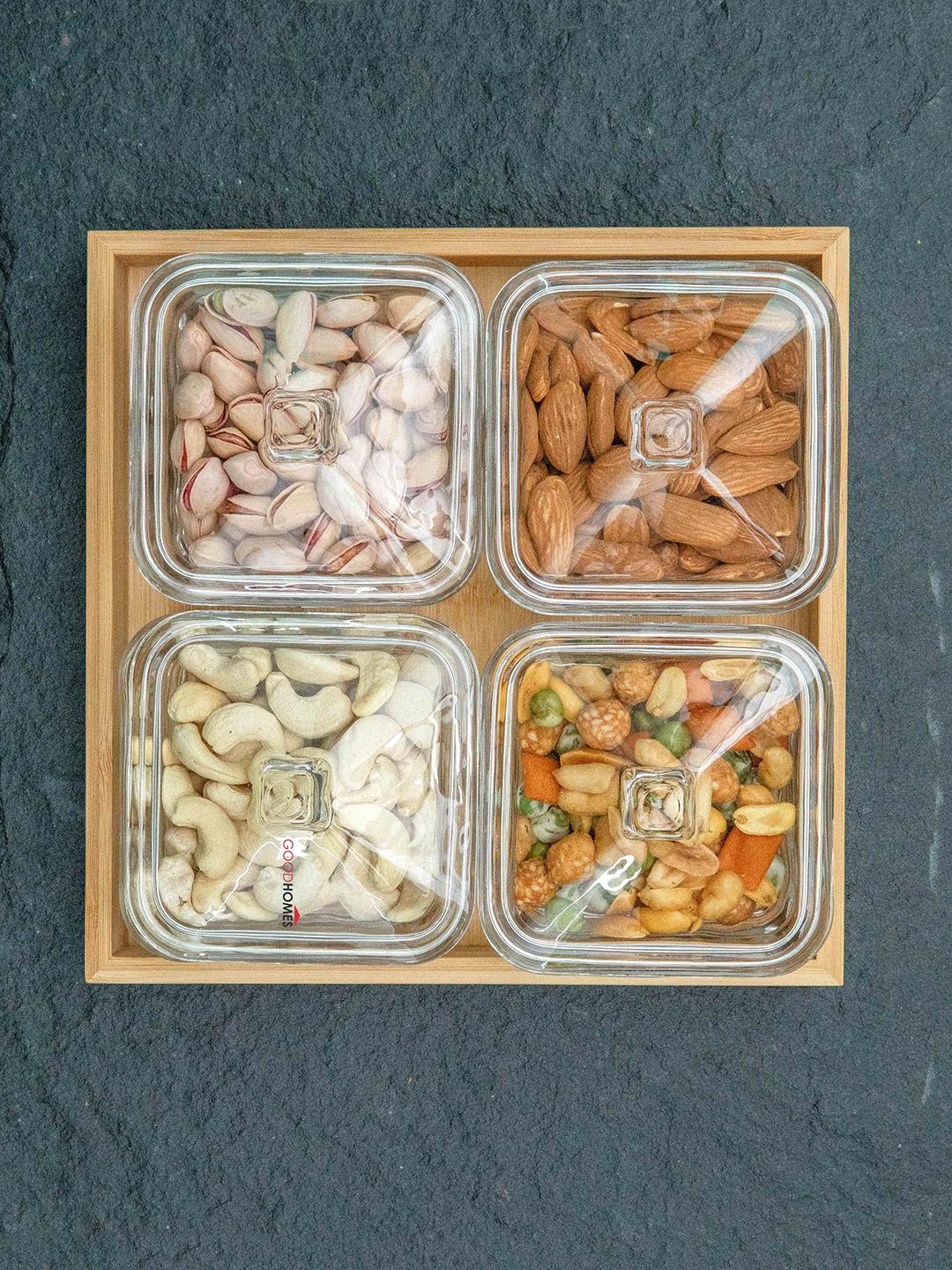 Buy GOODHOMES Transparent & Beige Set Of 4 Solid Glass Bowl With Lid & Tray - Container for ...