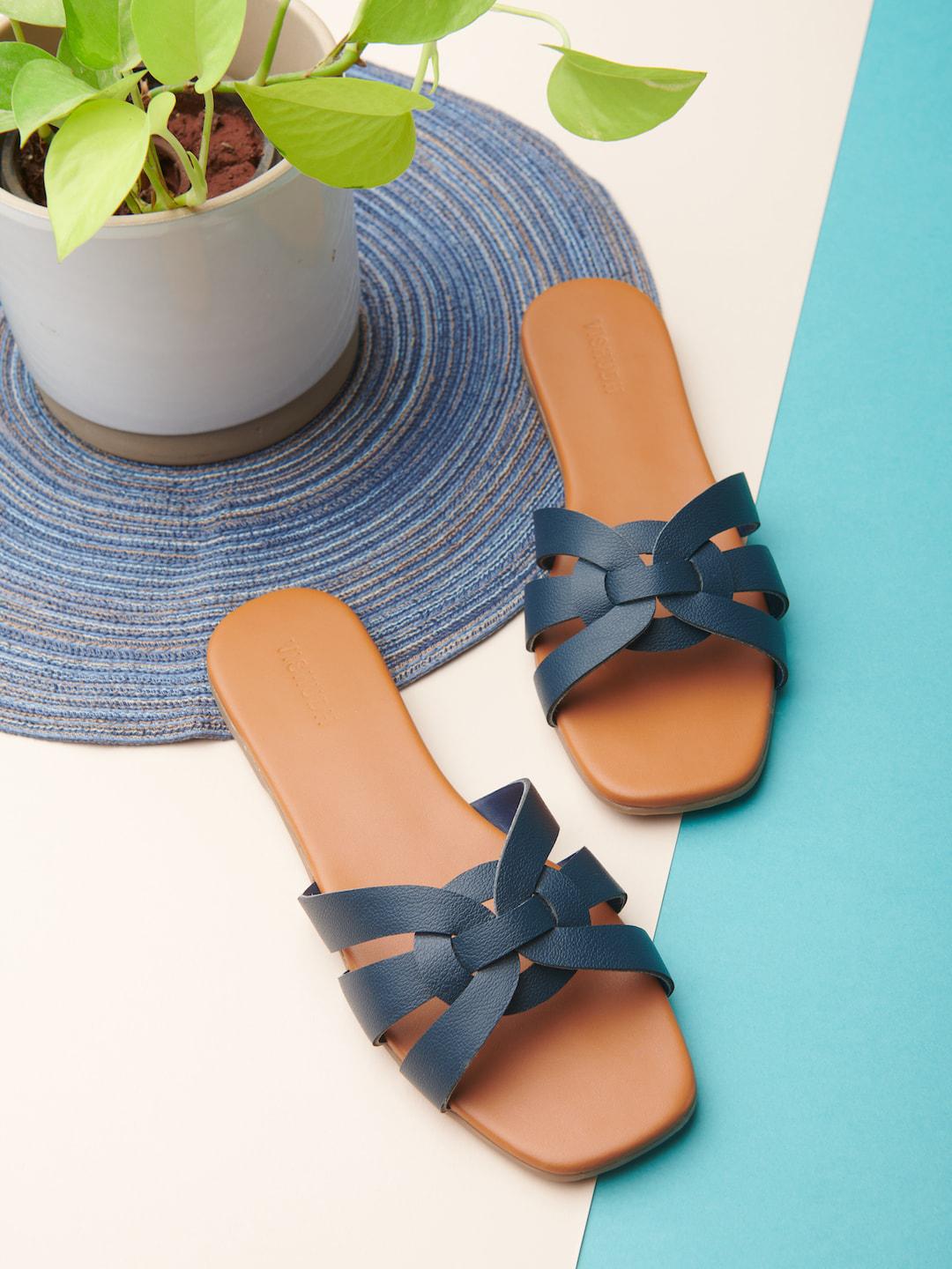 Buy Vishudh Women Navy Blue Open Toe Flats With Bows - Flats for Women ...