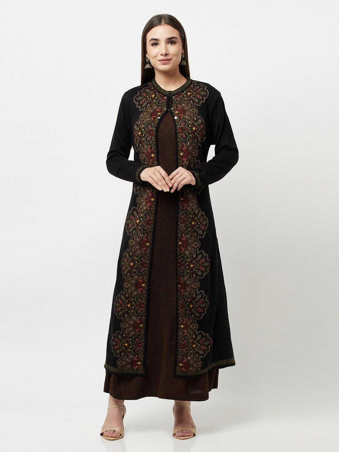 Buy Knitstudio Women Black & Gold Toned Ethnic Longline Button Shrug ...