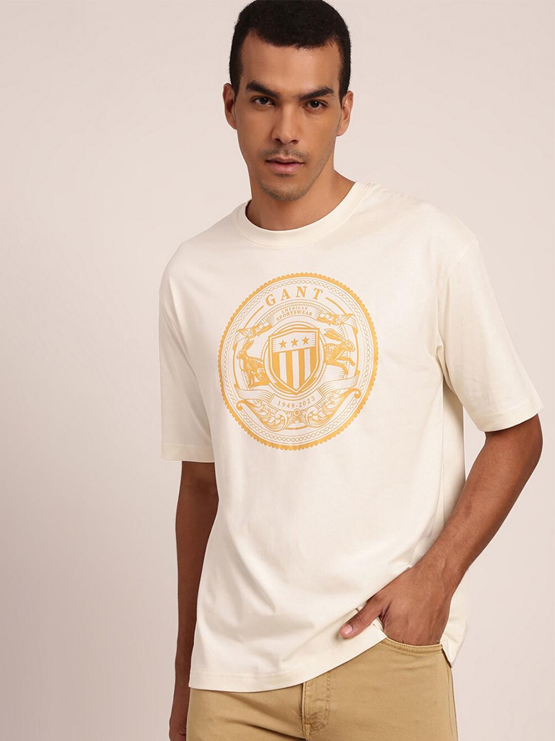 Buy GANT Men Cream Coloured Typography Printed Pure Cotton T Shirt ...
