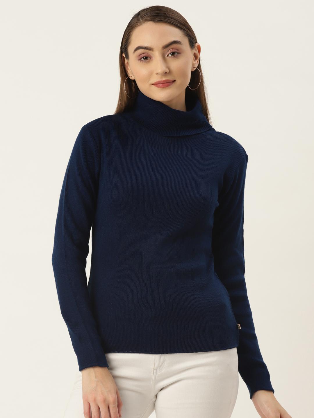 Buy FABNEST Women Navy Blue Turtle Neck Sweater - Sweaters for Women ...