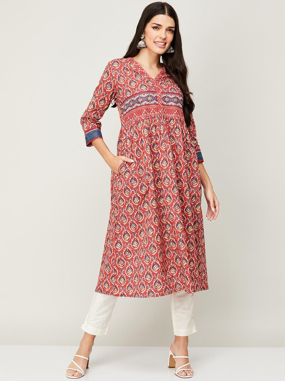 Buy Melange By Lifestyle Women Rust & Blue Ethnic Motifs Printed Pure ...