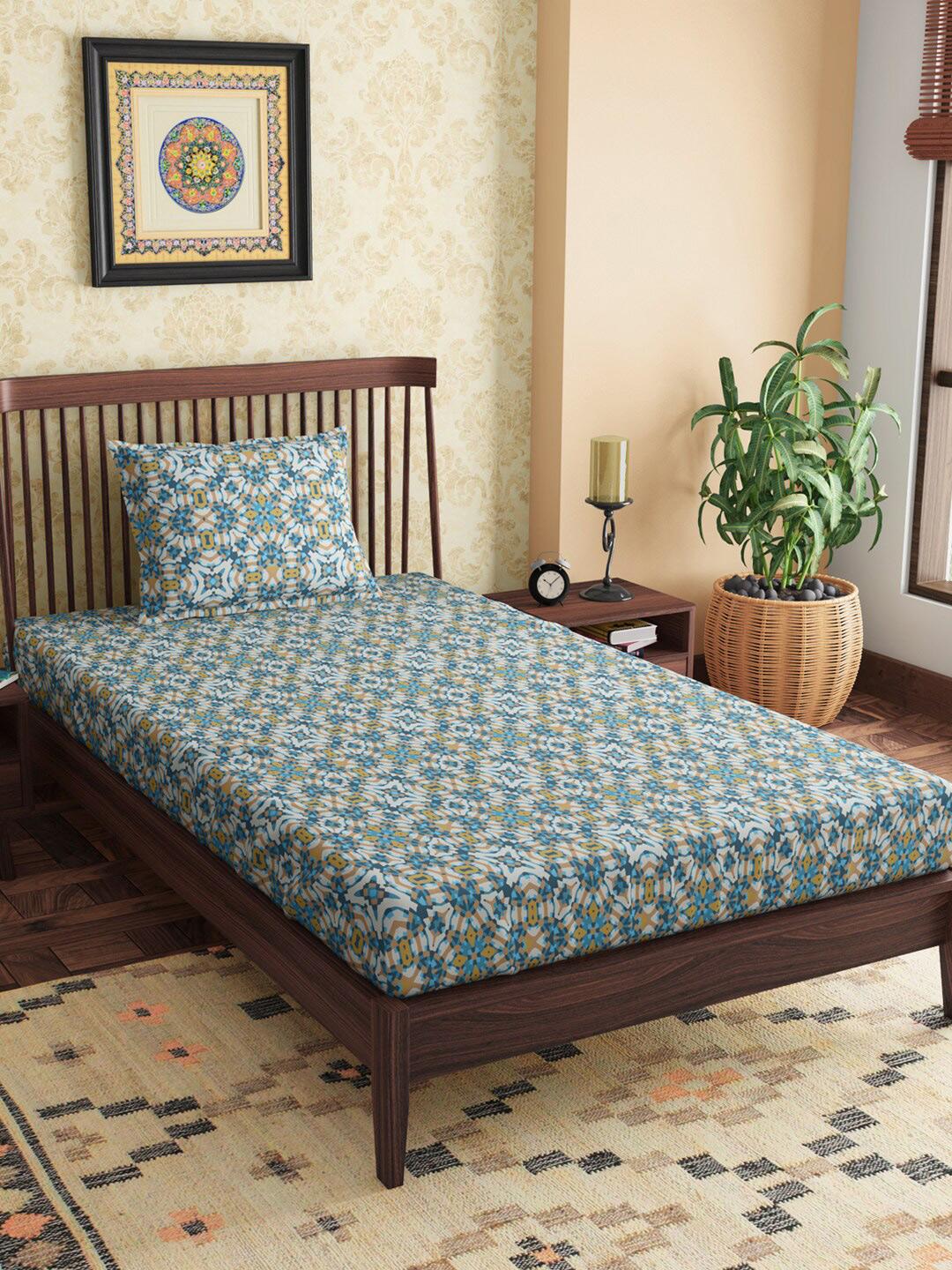 Buy PETAL HOME Teal Floral Pure Cotton 300 TC Single Fine Bedsheet With ...
