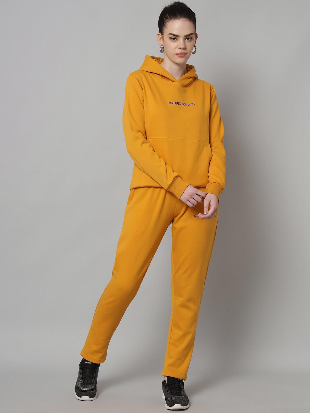 Buy GRIFFEL Women Mustard Yellow Printed Hooded Sports Tracksuits ...