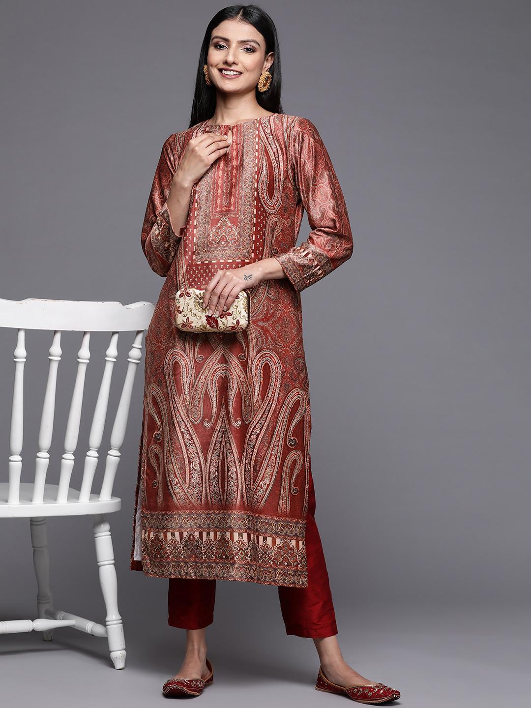 Buy Libas Women Rust Paisley Printed Keyhole Neck Velvet Kurta - Kurtas ...