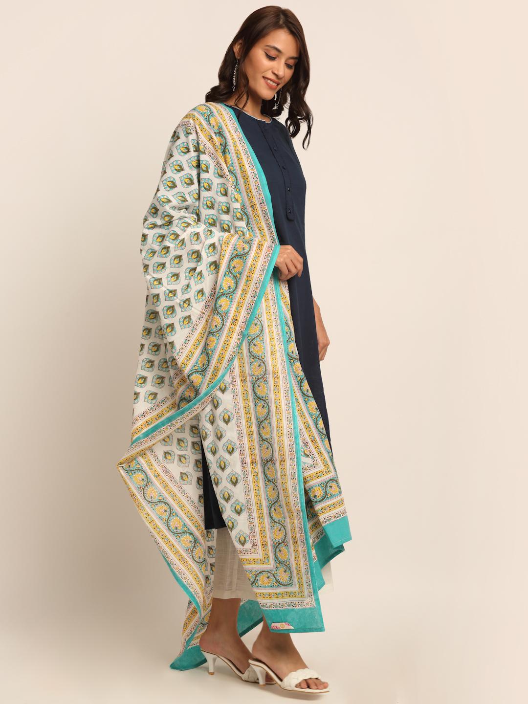 Buy EK BY EKTA KAPOOR Cream & Blue Ethnic Motifs Hand Block Print Pure ...