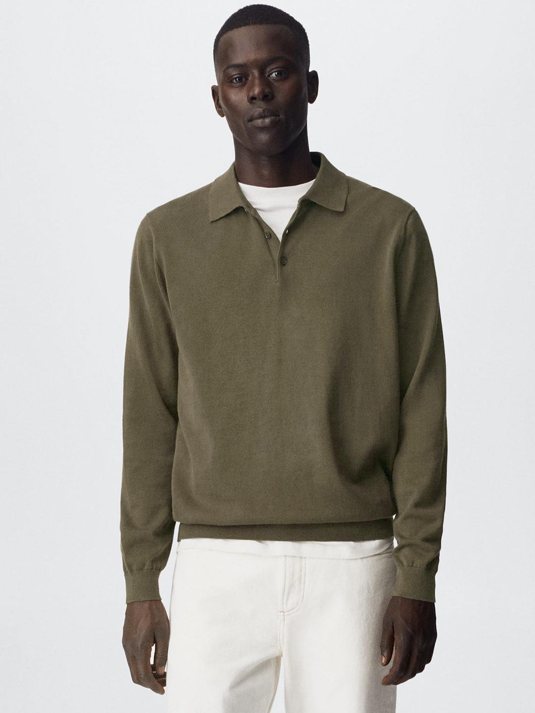 Buy MANGO MAN Olive Green Solid Polo Collar Pure Cotton Sweater ...