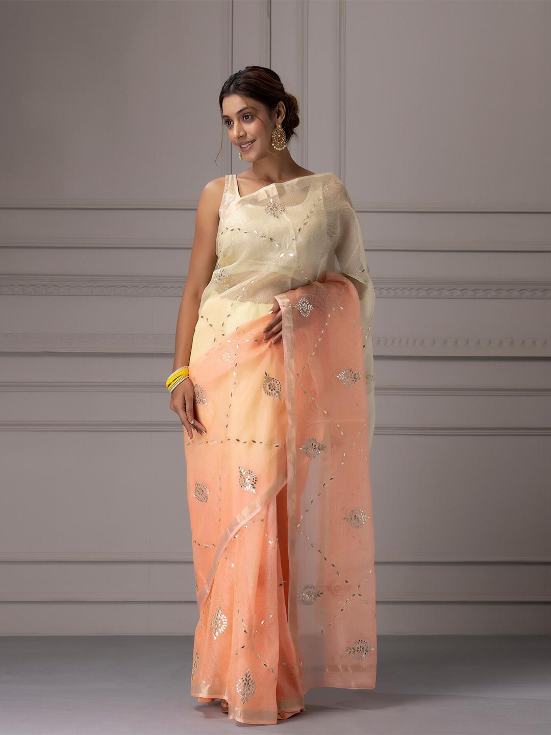 Buy Geroo Jaipur Shaded Handcrafted Gota Jaal Pure Kota Silk Saree ...