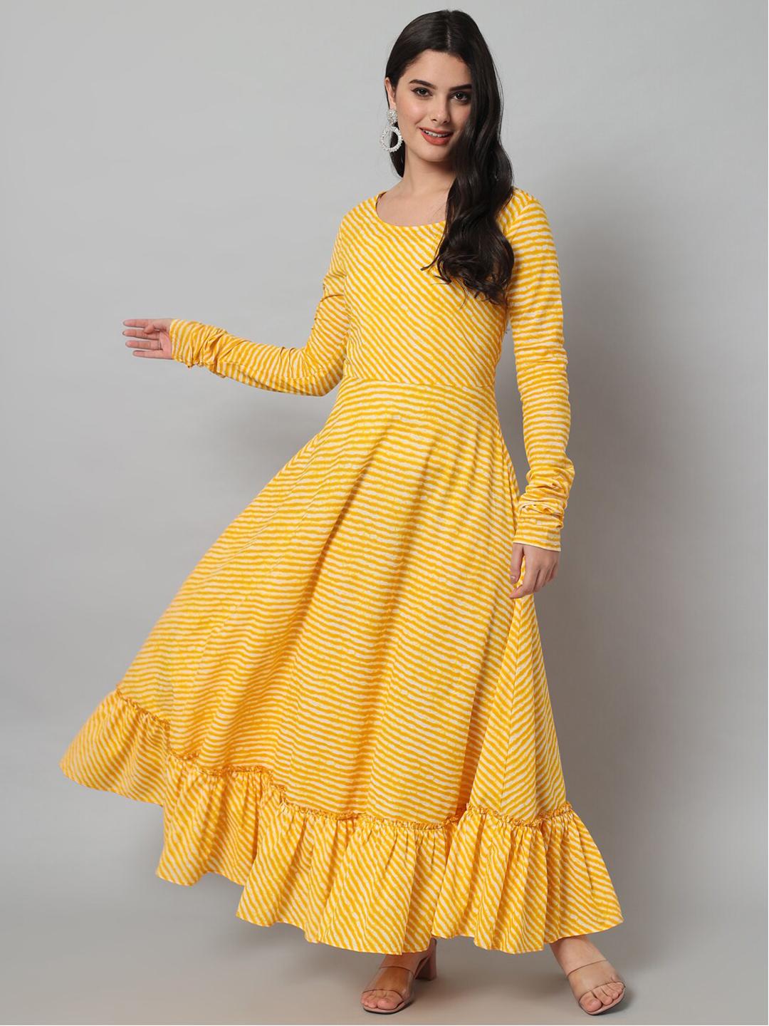 Buy HELLO DESIGN Mustard Yellow Striped Cotton Ethnic Maxi Dress ...
