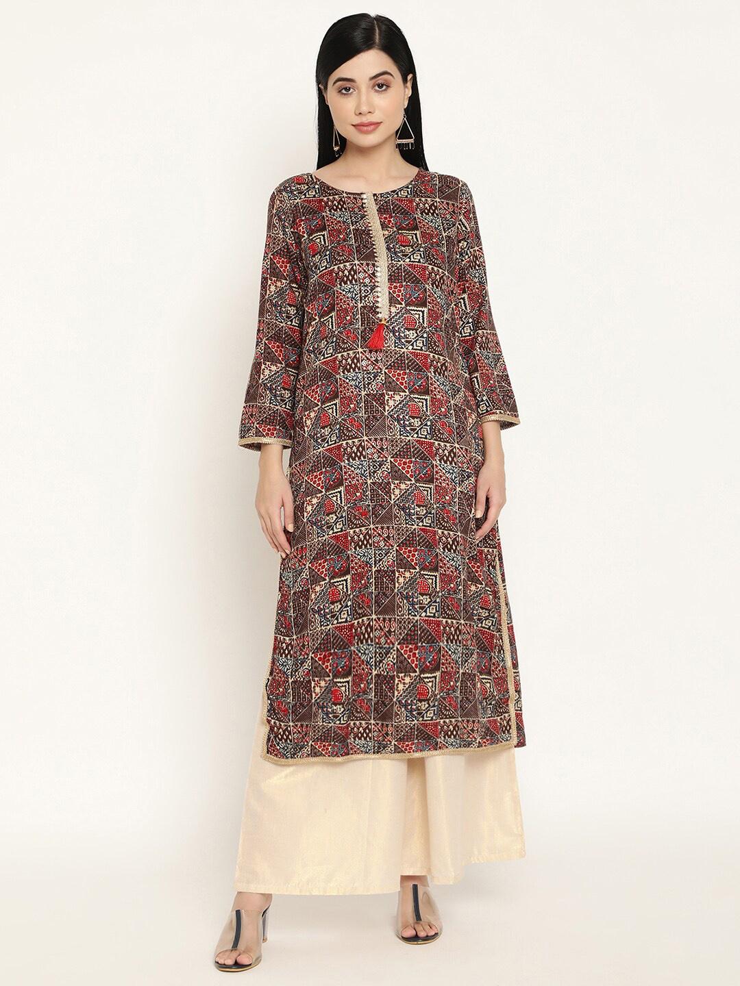 Buy Be Indi Women Round Neck Ethnic Motifs Straight Side Slits Regular ...