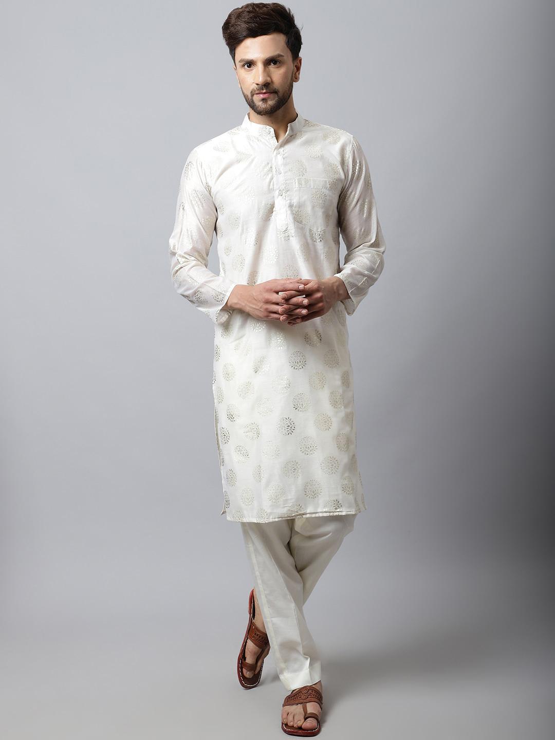 Buy Anokherang Men White Floral Printed Chanderi Silk Kurta With ...