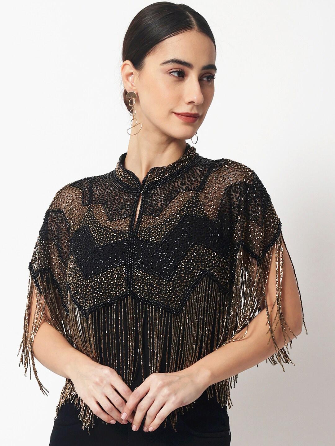 Buy LE BOURGEOIS Women Black & Gold Toned Party Embellished Crop Shrug ...