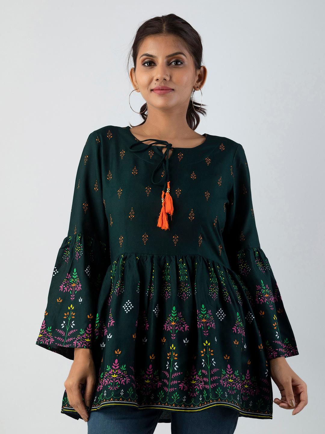 Buy OMASK Green Print Tie Up Neck Indigo Top - Tops for Women 20571104 ...