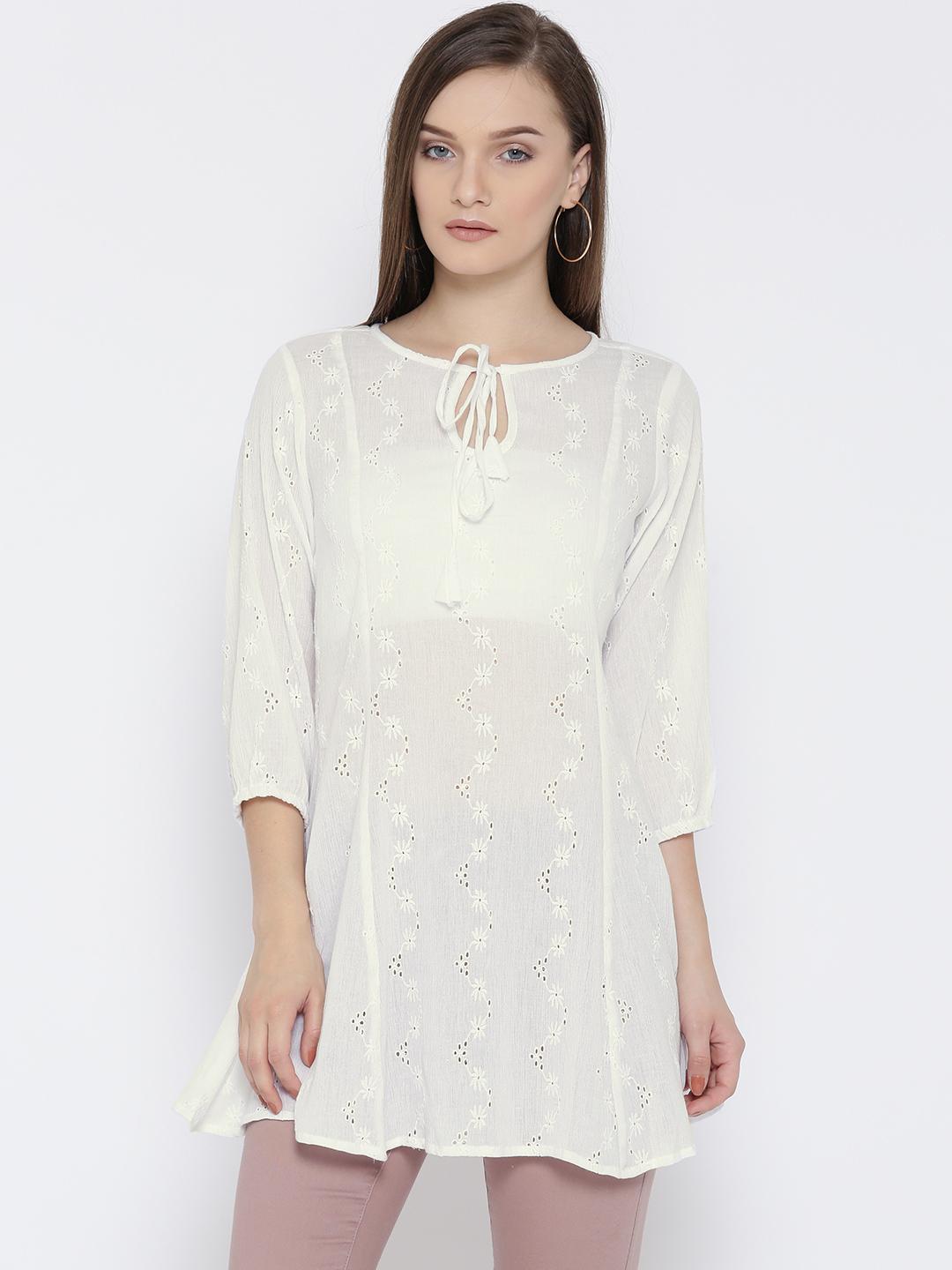 Buy Ayaany White Embroidered Semi Sheer A Line Tunic - Tunics for Women ...