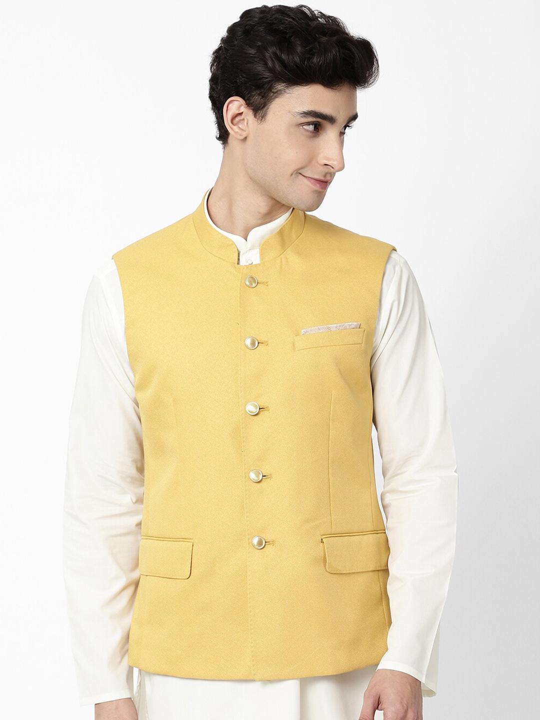 Buy AD By Arvind Men Yellow Solid Woven Nehru Jackets - Nehru Jackets ...