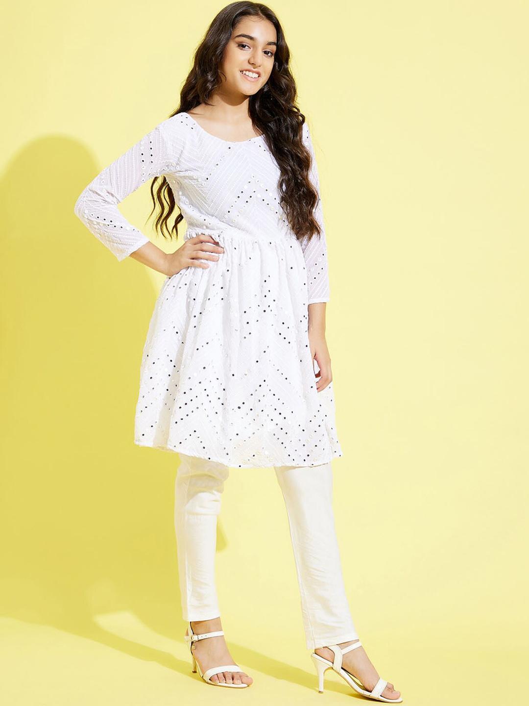 Buy VASTRAMAY Girls White Ethnic Motifs Embroidered Mirror Work Kurti ...