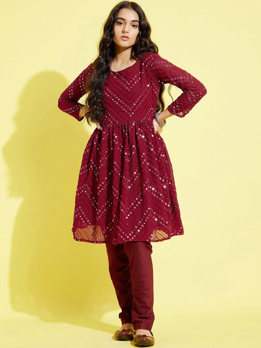 Buy VASTRAMAY Girls Maroon Embroidered Empire Mirror Work Kurta With ...