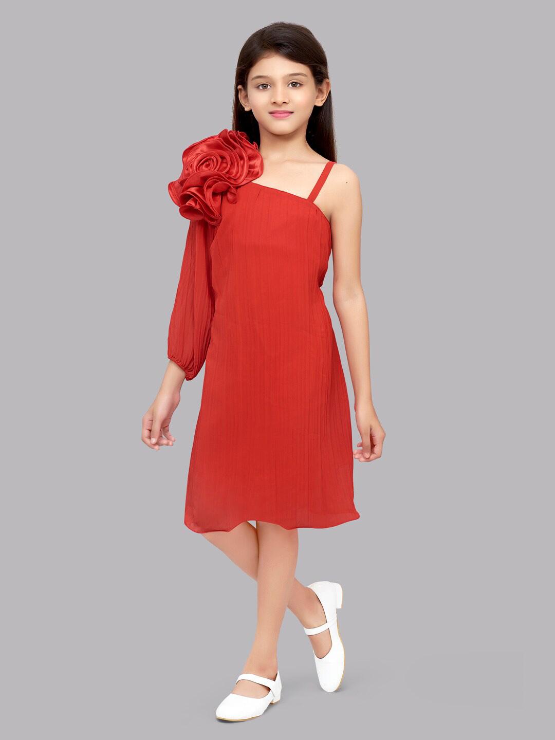 Buy Pink Chick Girls Red One Shoulder Applique Georgette A Line Dress ...