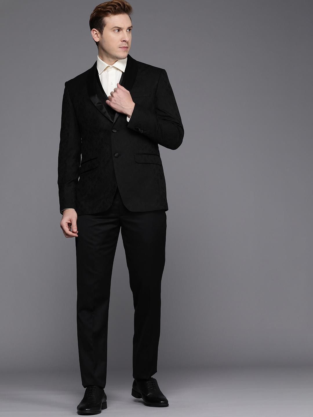 Buy Louis Philippe Men Navy Black Self Design Slim Fit Single Breasted ...