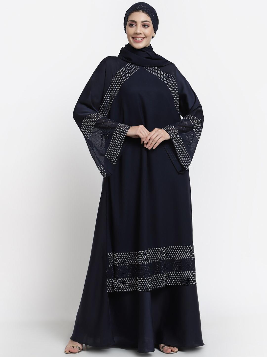 Buy Arrabi Women Navy Blue Embellished Burqa With Scarf - Burqas for ...