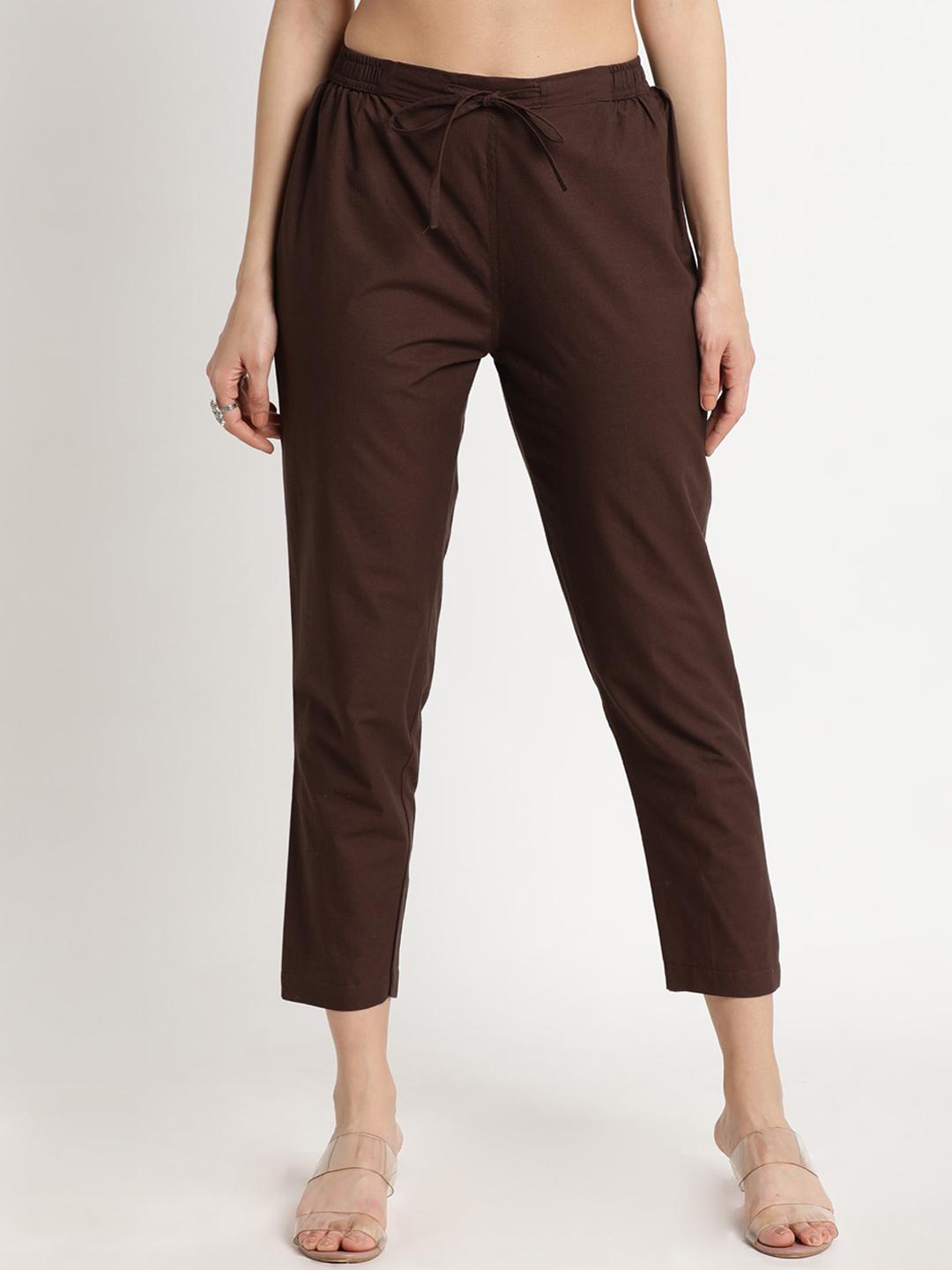 Buy FLAVIDO Women Brown Drawstring Cropped Trousers - Trousers for ...