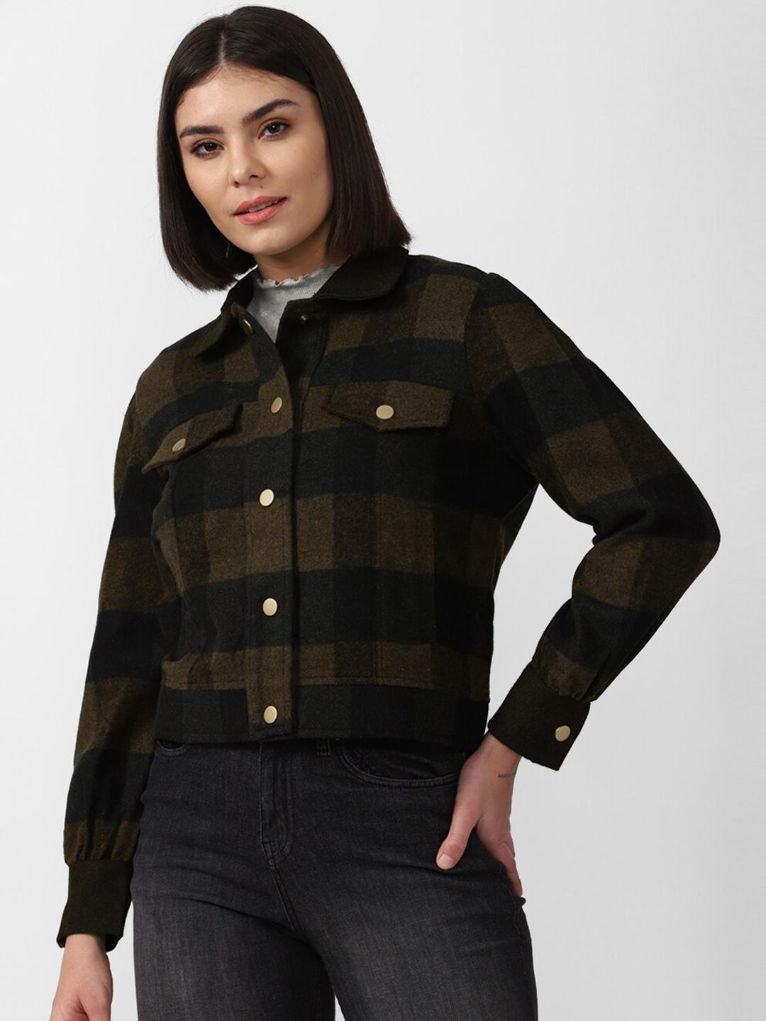 Buy FOREVER 21 Women Black & Green Checked Tailored Jacket - Jackets ...
