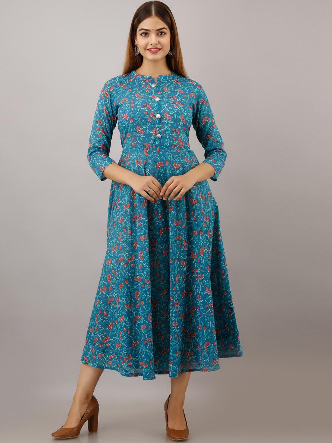 Buy Women Touch Mandarin Collar Floral Printed Anarkali Cotton Kurta ...