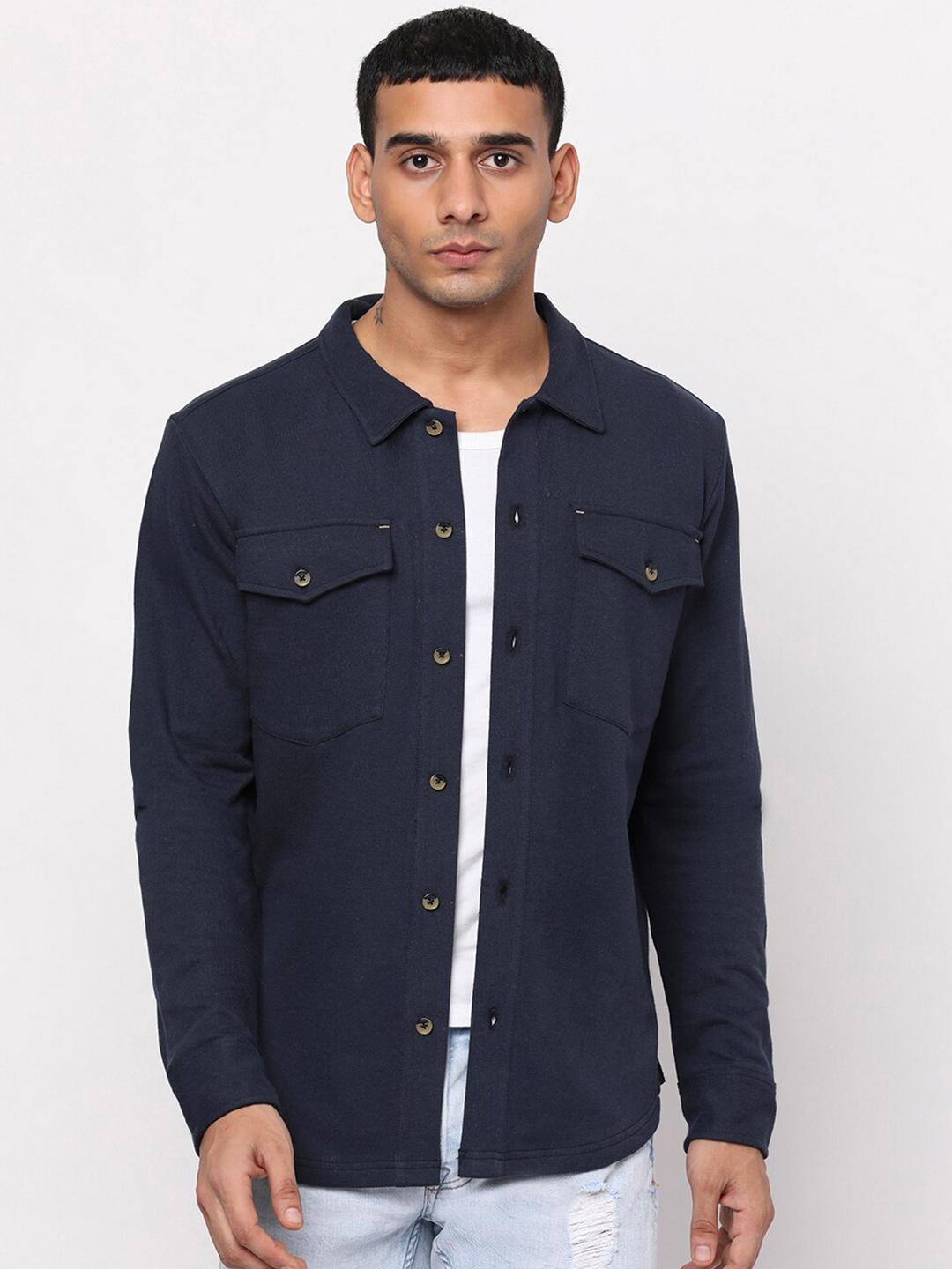 Buy YOONOY Men Navy Blue Comfort Boxy Cotton Casual Shirt - Shackets ...