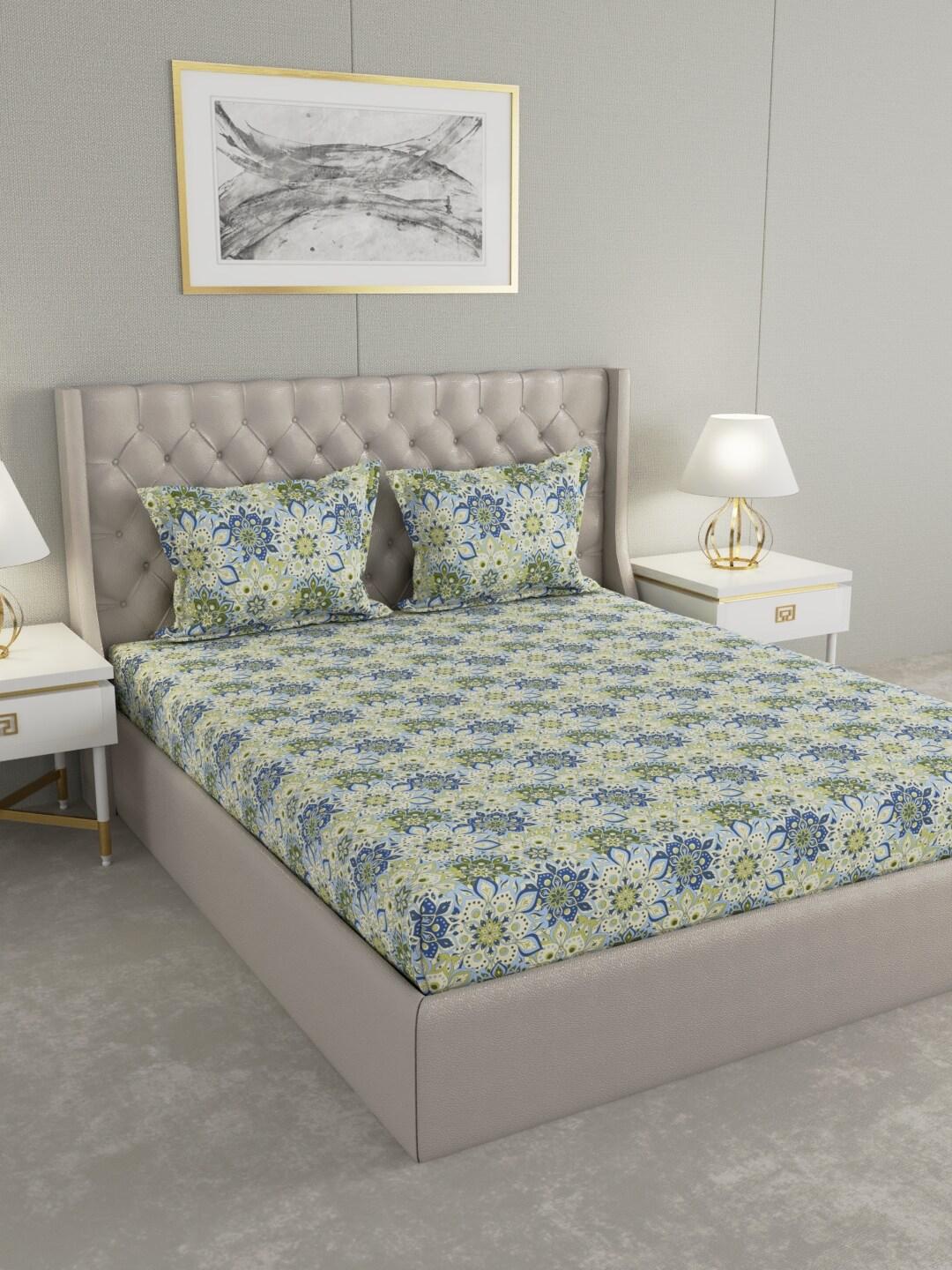 Buy Raymond Home Green & Blue Floral 104 TC King Bedsheet With 2 Pillow ...