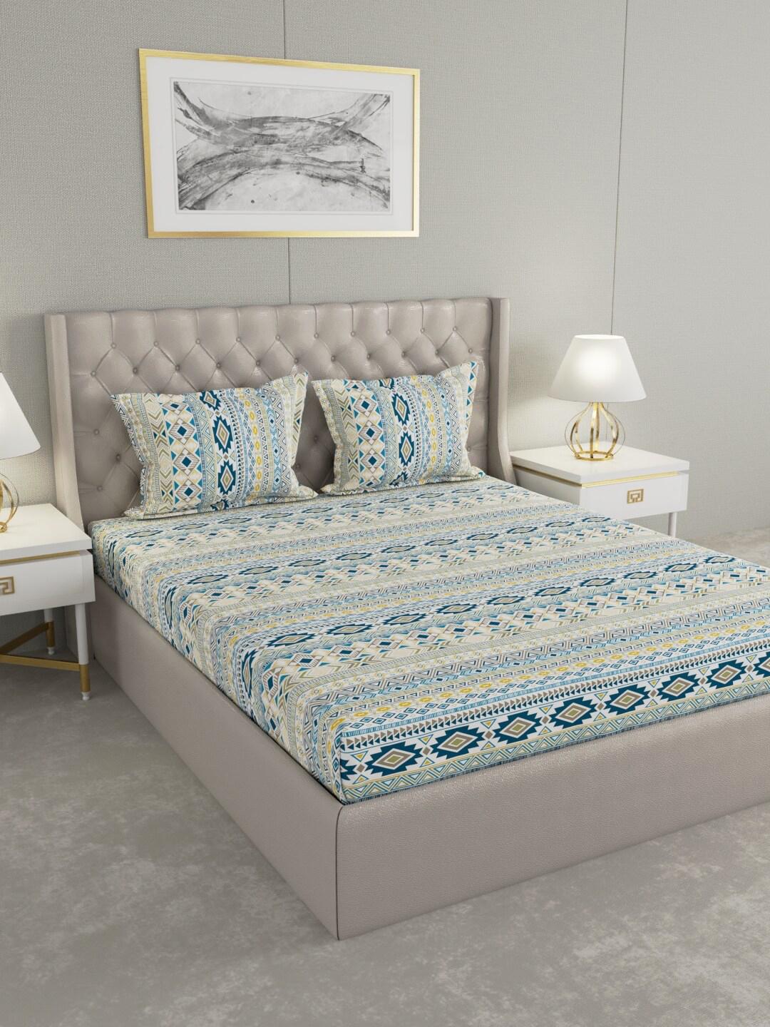 Buy Raymond Home White & Blue Ethnic Motifs 104 TC Cotton King Bedsheet ...