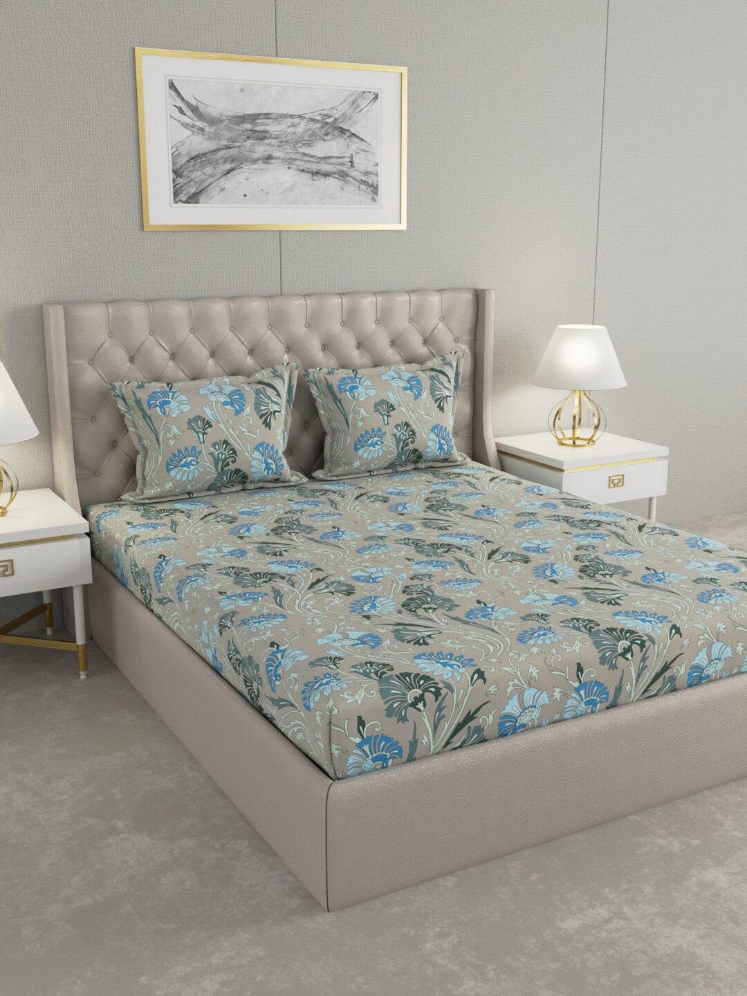 Buy Raymond Home Grey & Blue Floral 104 TC King Bedsheet With 2 Pillow ...