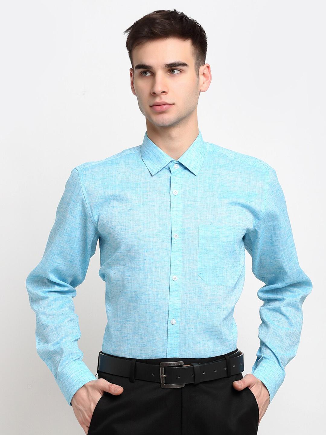 Buy JAINISH Men Turquoise Blue Classic Regular Fit Solid Cotton Formal ...