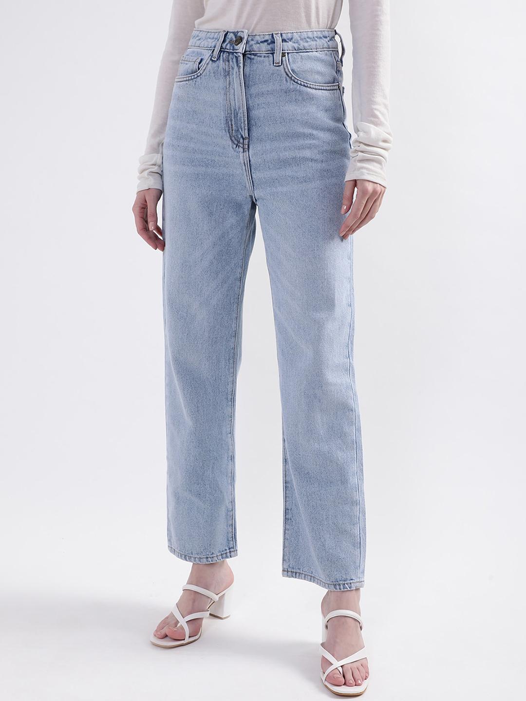 Buy ELLE Women Blue Straight Fit Low Distress Heavy Fade Cotton Jeans ...