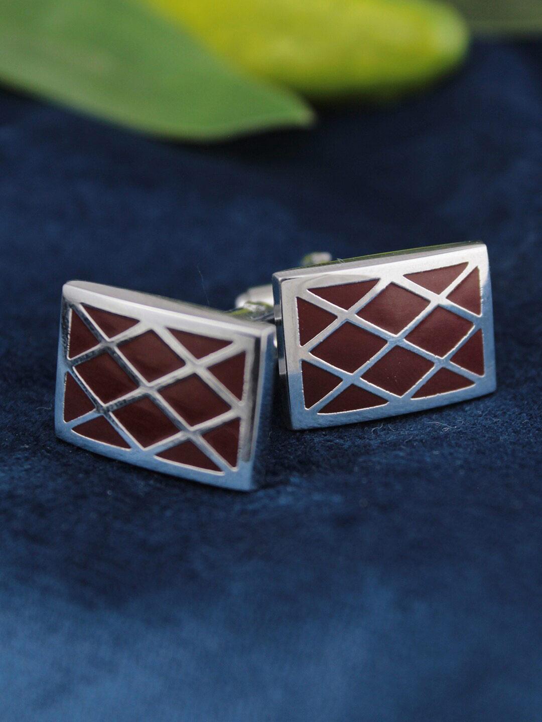Buy Kavove Men Silver Toned & Maroon Rectangular Cufflink - Cufflinks ...
