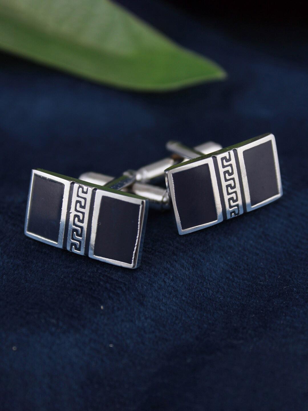 Buy Kavove Men Blue & Silver Toned Rectangle Shape Cufflink - Cufflinks ...