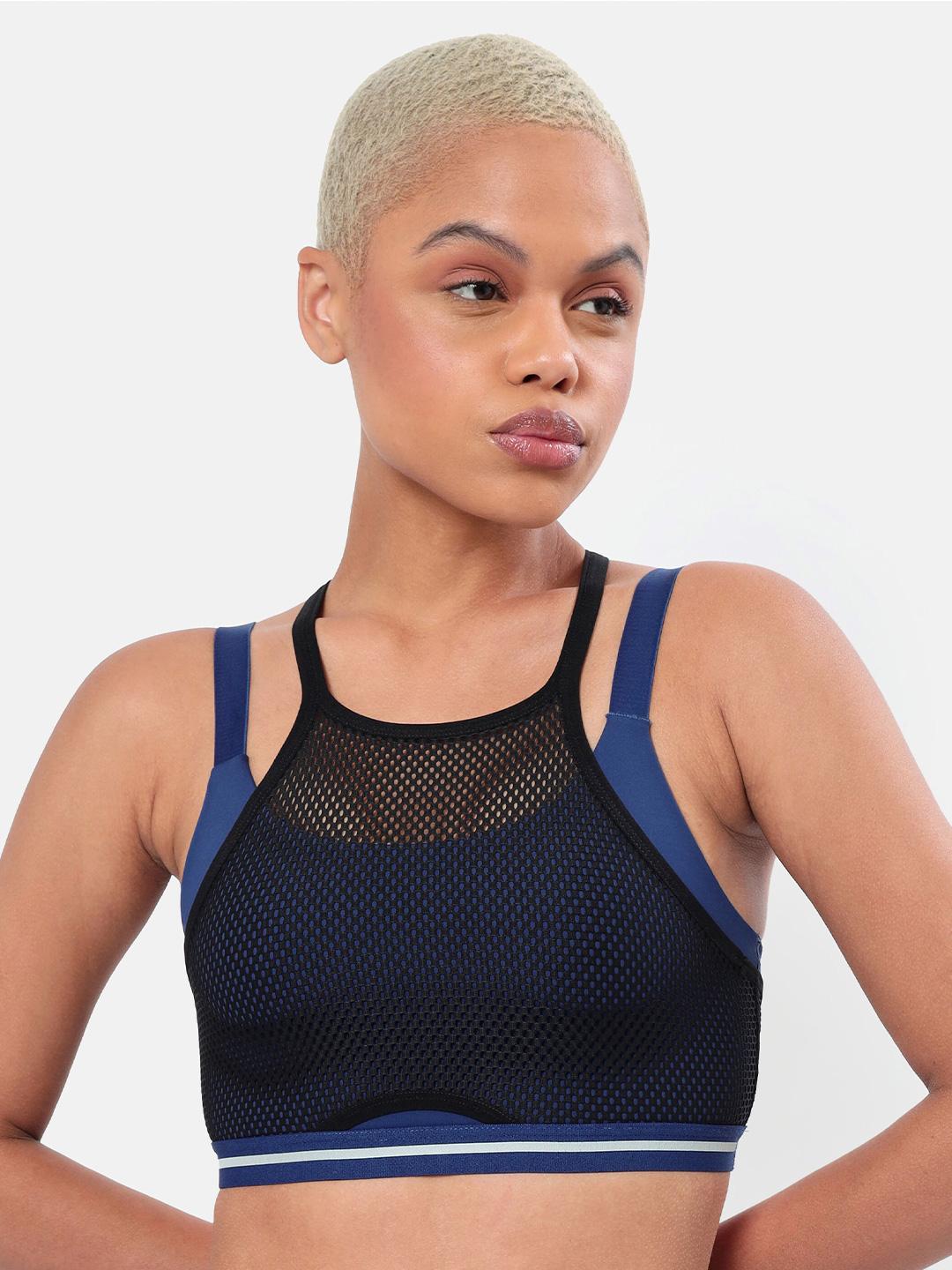 Buy CULT Navy Blue & Black Cleo High Impact Layered Mesh Sports Bra ...