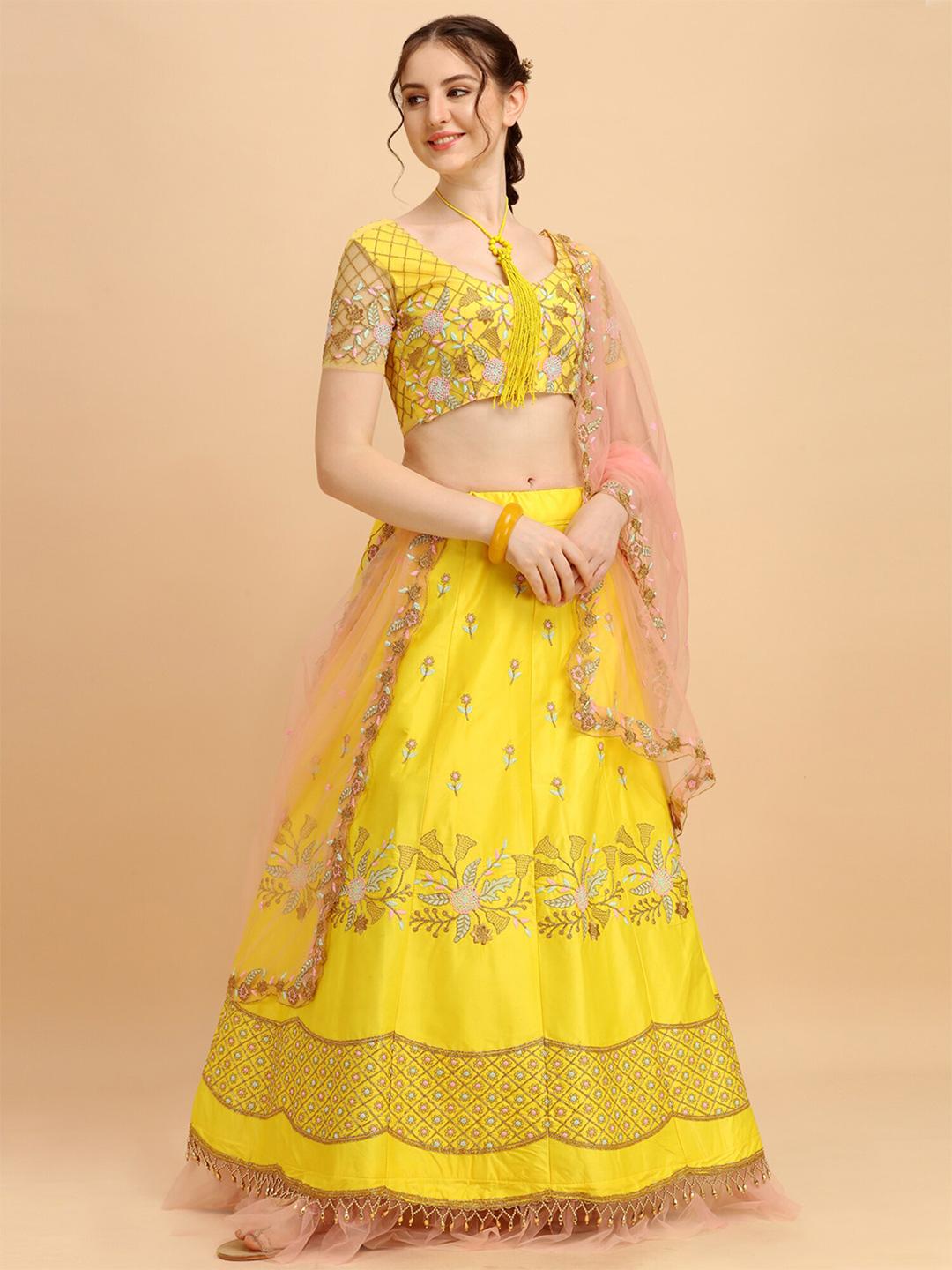 Buy Fab Dadu Women Yellow & Pink Semi Stitched Lehenga & Unstitched ...