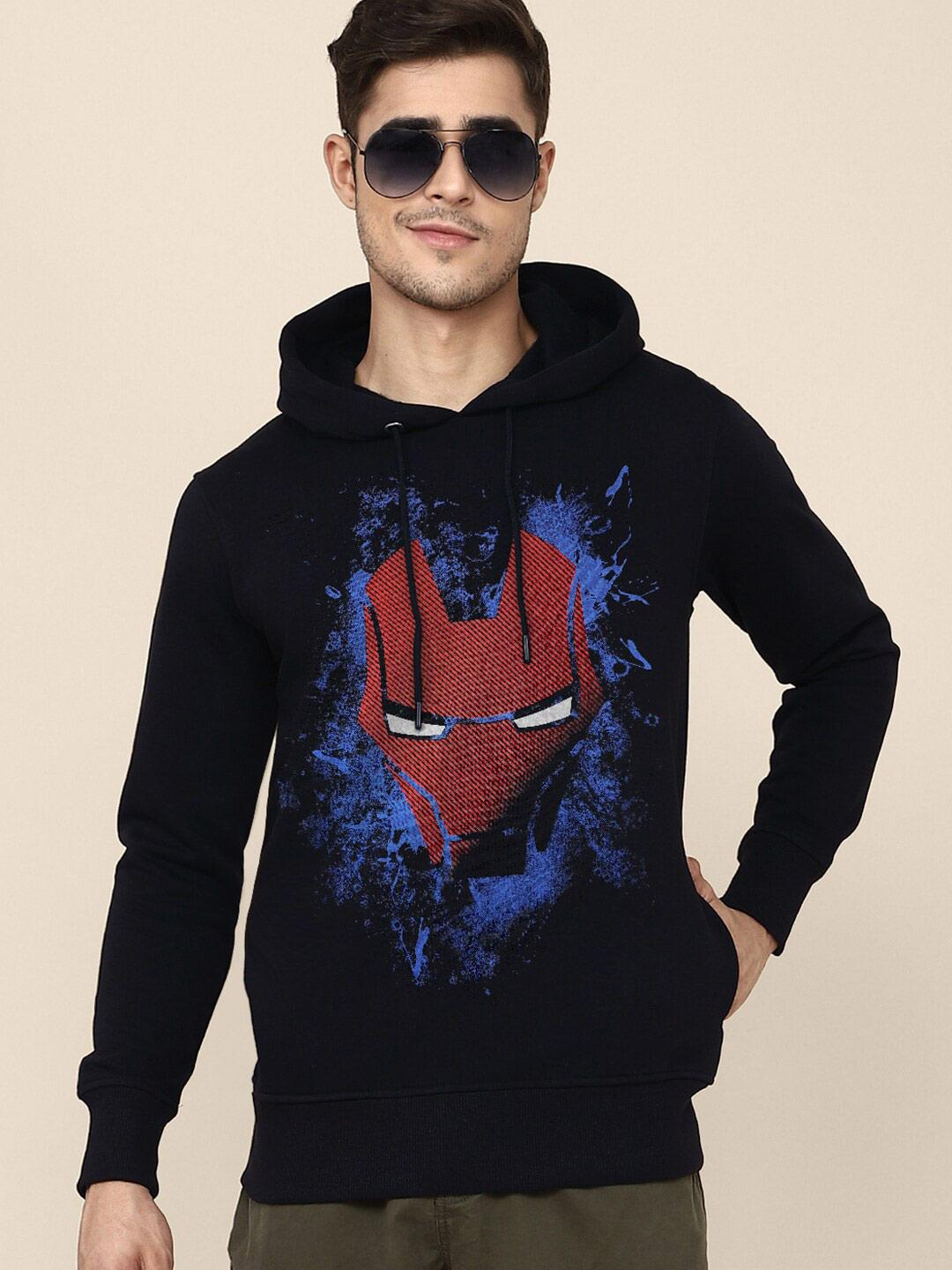 Buy Free Authority Men Blue Iron Man Printed Hooded Sweatshirt ...