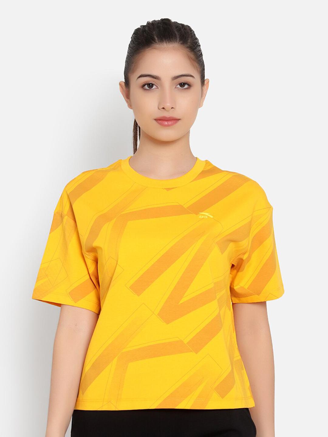 Buy Anta Women Yellow Printed Cotton T Shirt - Tshirts for Women ...