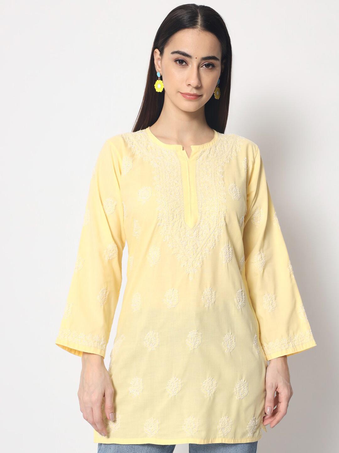 Buy PARAMOUNT CHIKAN Yellow Ethnic Motifs Embroidered Chikankari Pure ...