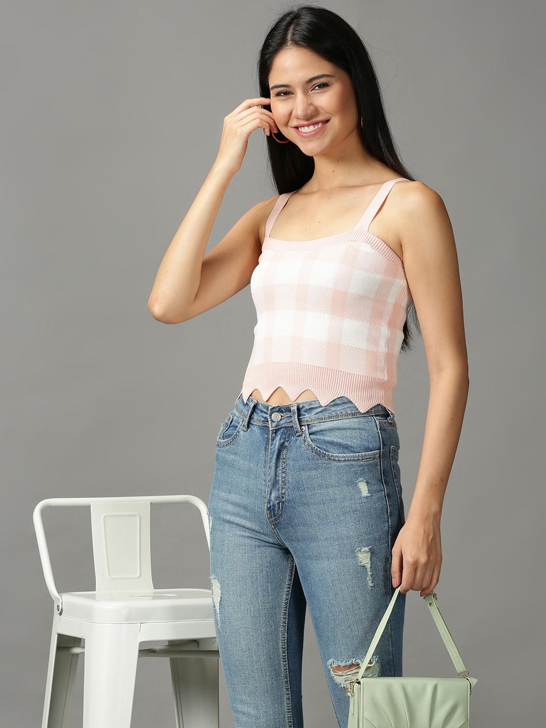 Buy SHOWOFF Women Pink Checked Fitted Crop Top - Tops for Women ...